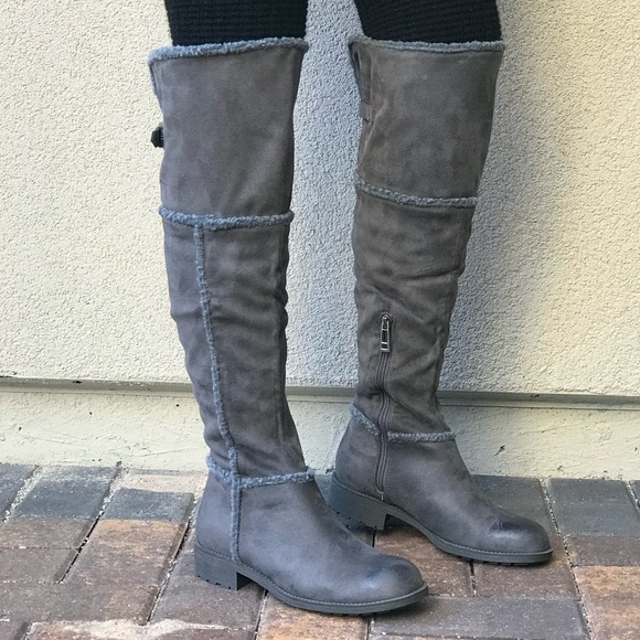Anthropologie | Shoes | Slate Fur Trimmed Over The Knee Lug Sole Boots ...